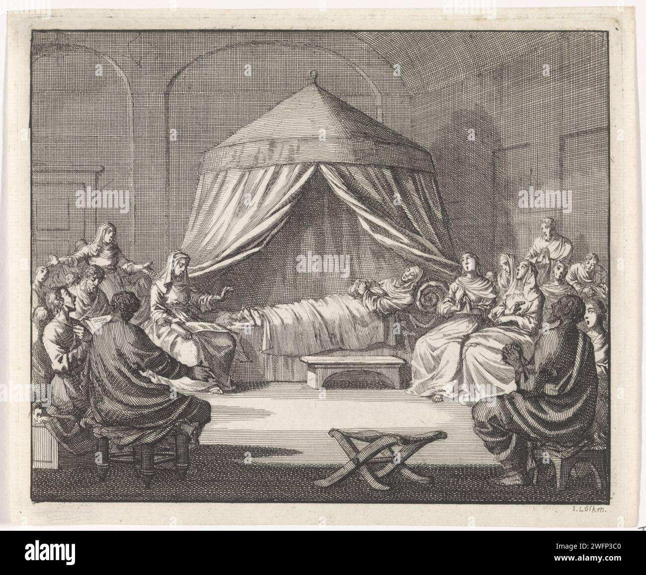 Heilge Paula on her death bed, Jan Luyken, 1701 print Saint Paula van ...