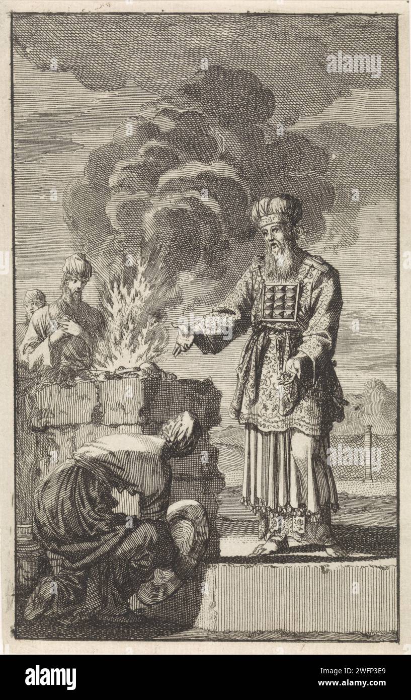 Priest at a burning altar, Jan Luyken, 1705 print Amsterdam paper ...