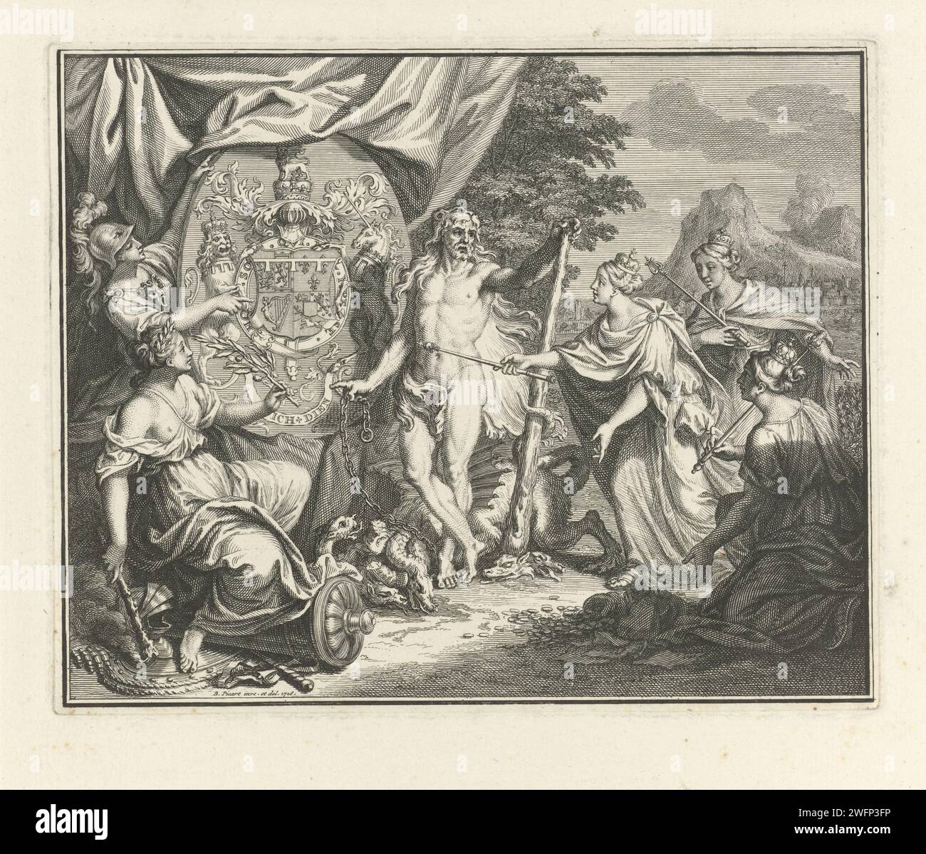 Allegorical show with the coat of arms of Wales, Bernard Picart (workshop of), After Bernard ...