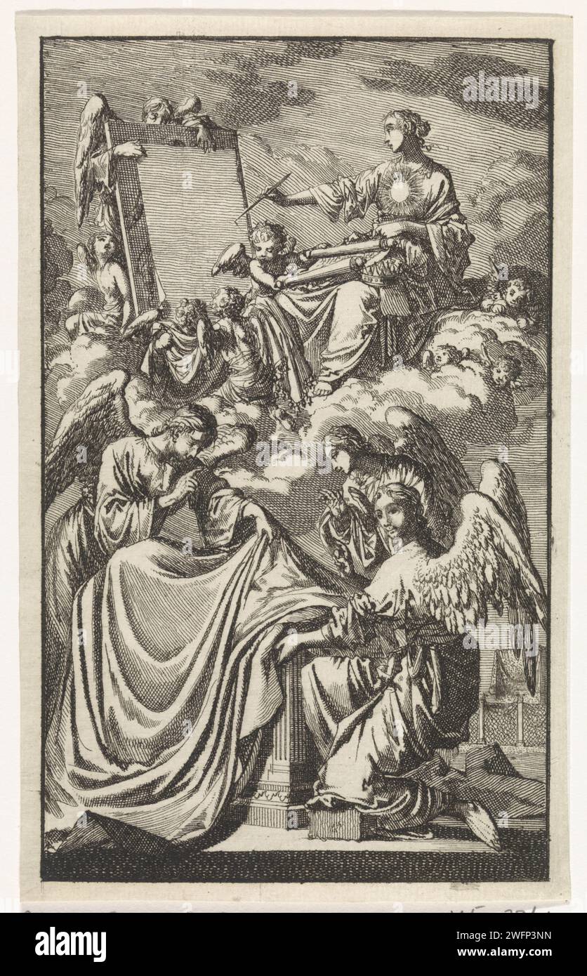 Allegorical female figure describes a panel in the clouds, Jan Luyken ...