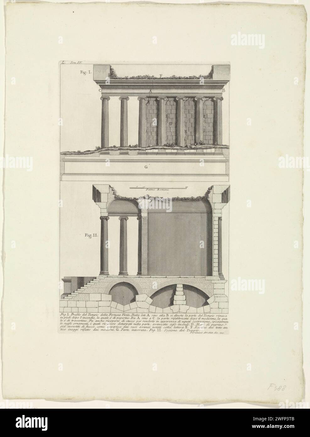 Side view and cross -section of the temple of Portunus in Rome, Giovanni Battista Piranesi, c ...