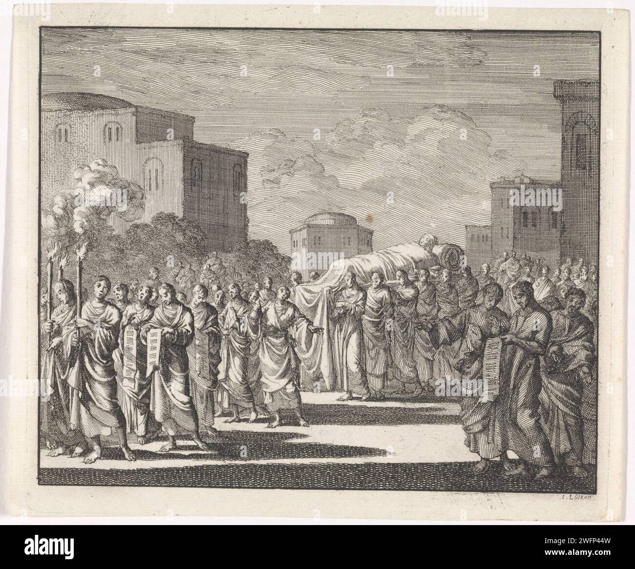 Saint Paula is worn to the grave, Jan Luyken, 1701 print A procession ...