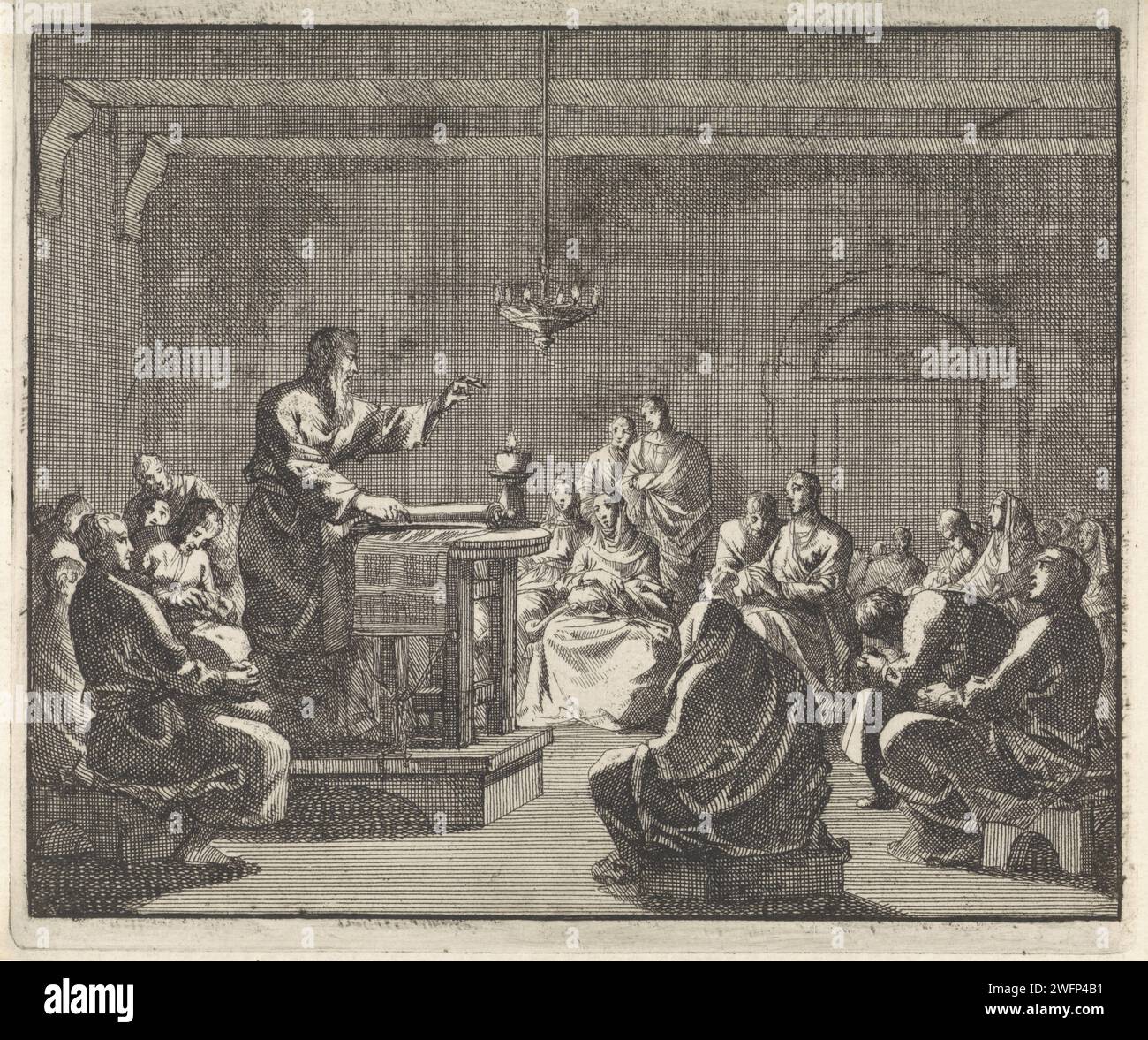 Early Christian community listens to a sermon, Jan Luyken, 1700 print ...