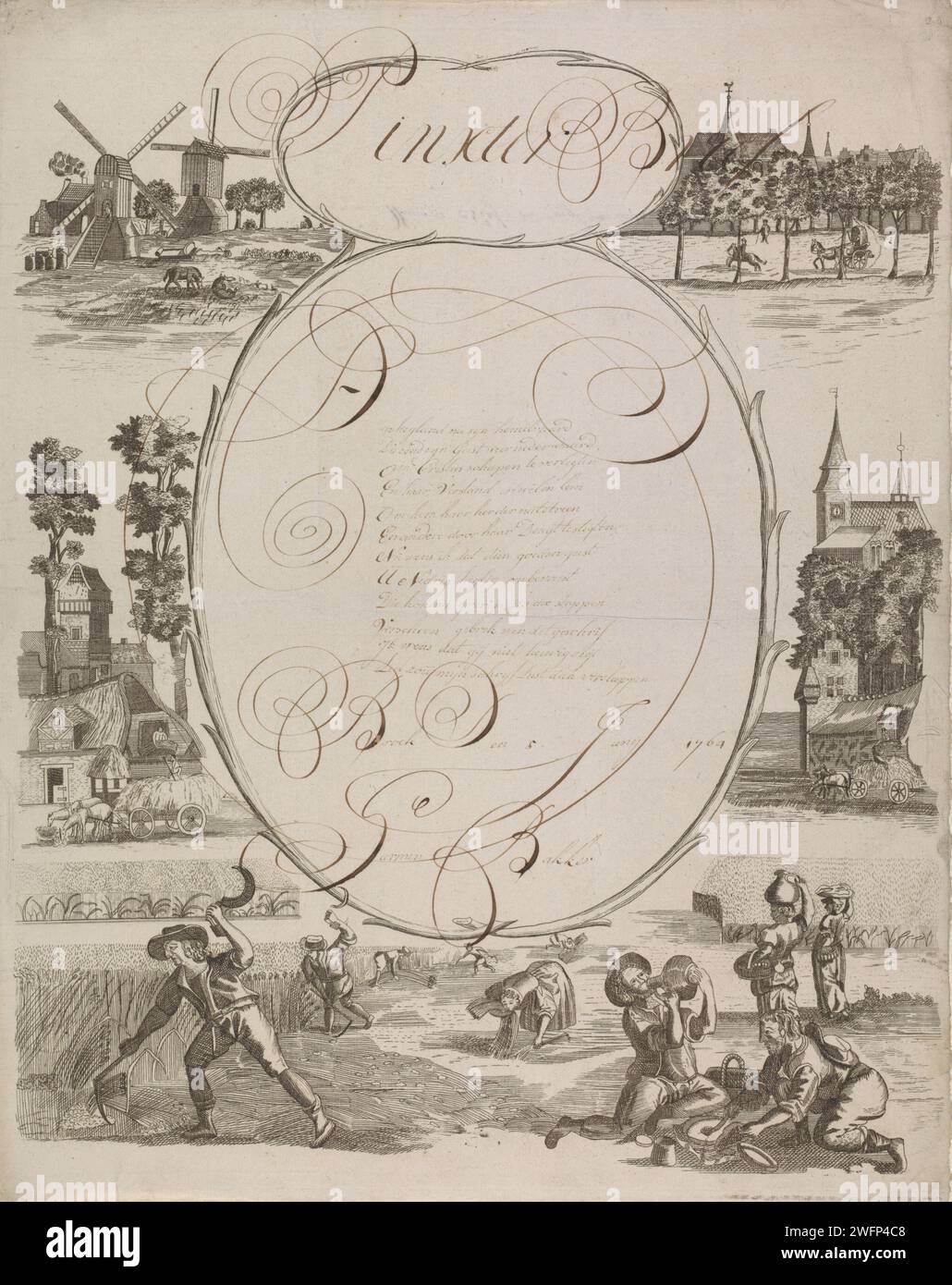 Wish letter with mill, rider, coach and farmers, 1764 print Wish letter ...