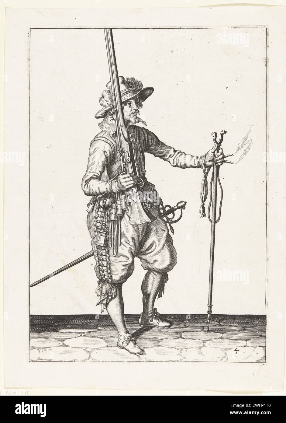 Soldier who holds his musket with his right hand upright, in his left ...