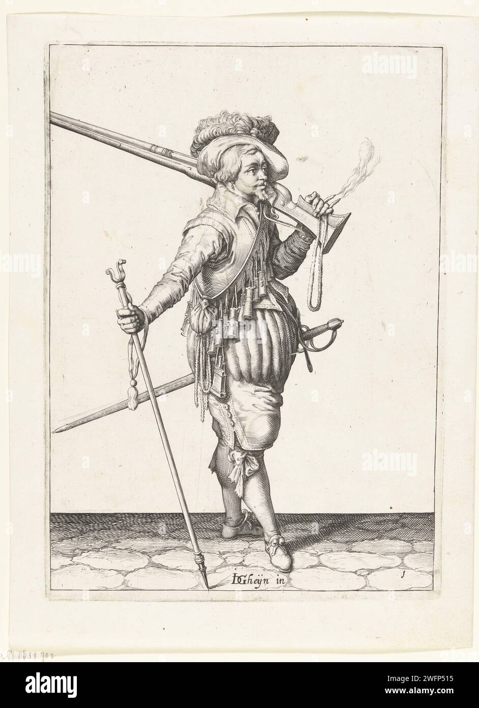 Soldier who wears his musket on his left shoulder and holds his furkey ...