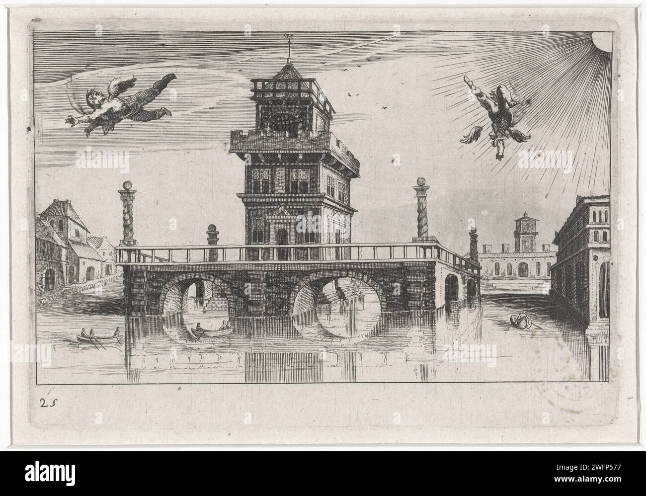 Cityscape with Icarus and Daedalus, Simon Frisius, After Matthijs Bril ...