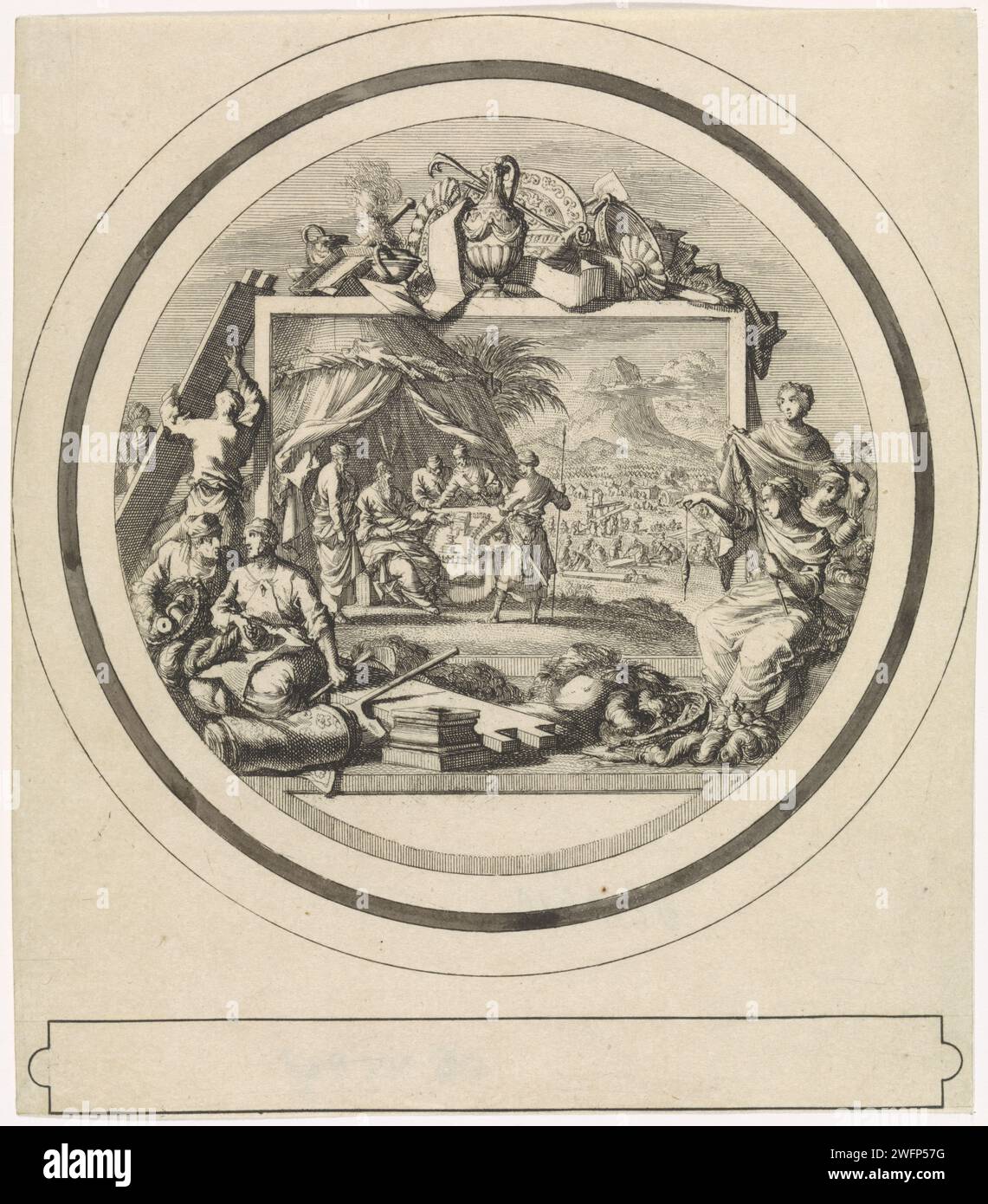 Moses studies the plan for Tabernakel, Jan Luyken, 1700 print A list of Moses in a tent. He ...