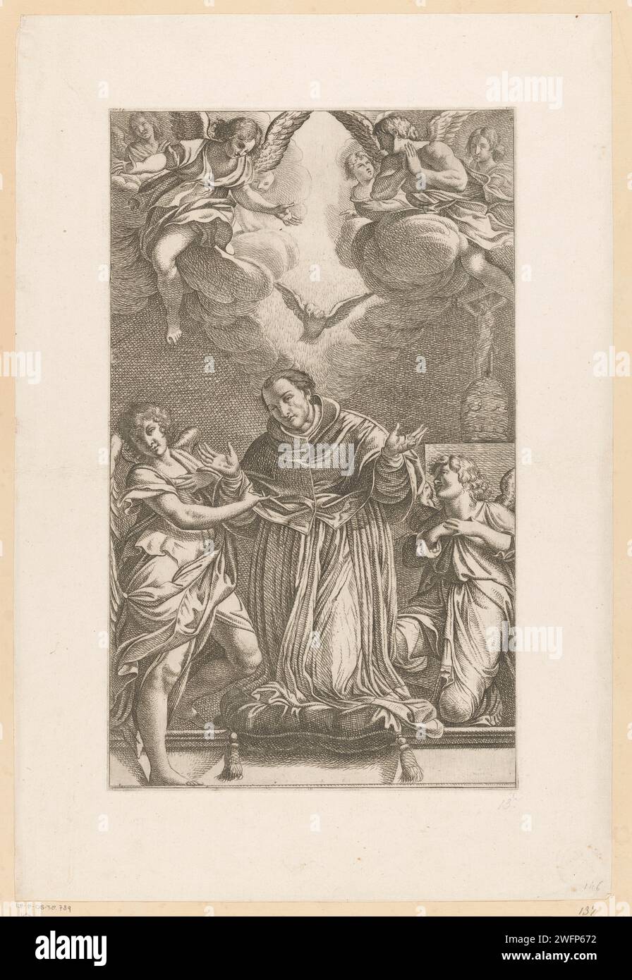 Saint with Angels, Anonymous, 1600 - 1699 print A male holy is kneeling ...