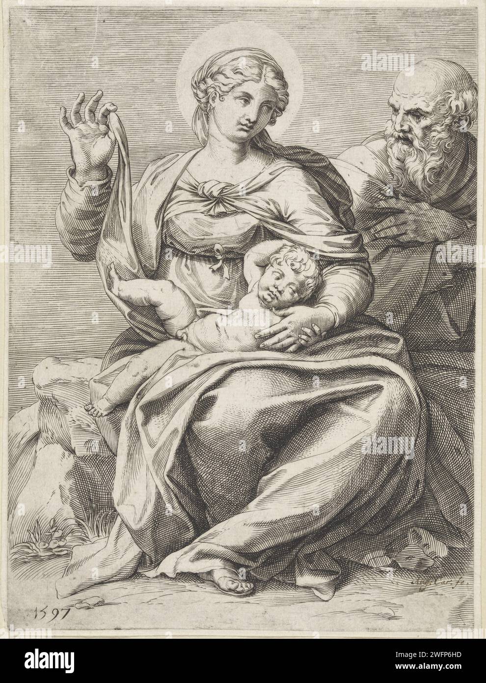 Heilige Familie, Agostino Carracci, 1597 print Maria is sitting on her ...