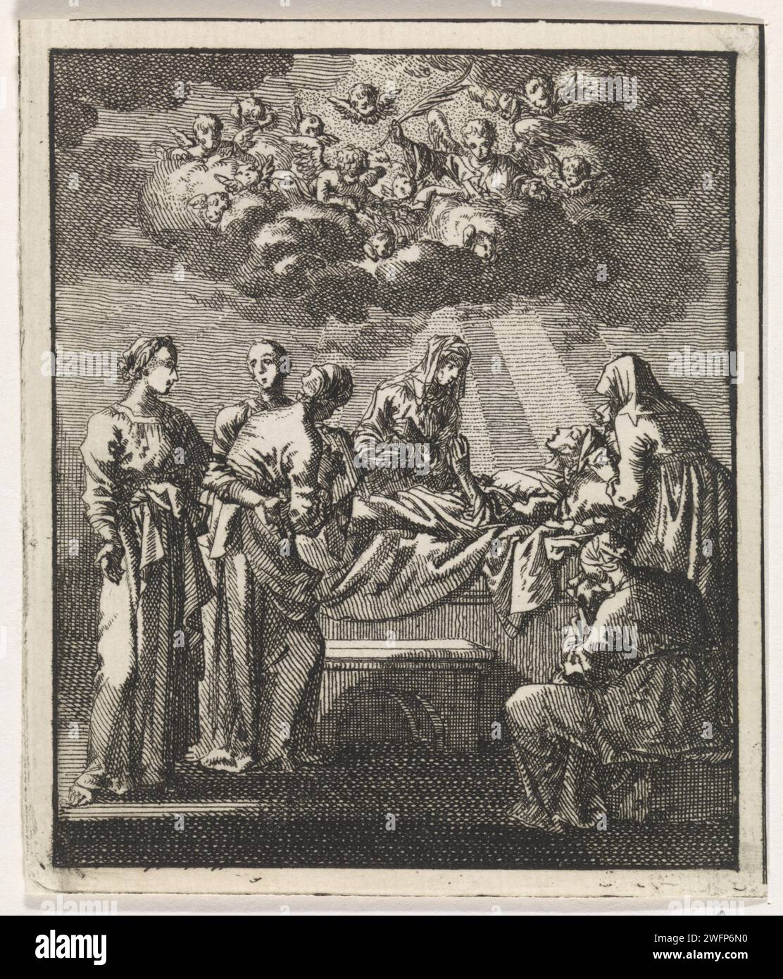 Woman on her deathbed surrounded by mourning figures, Jan Luyken, 1704 ...