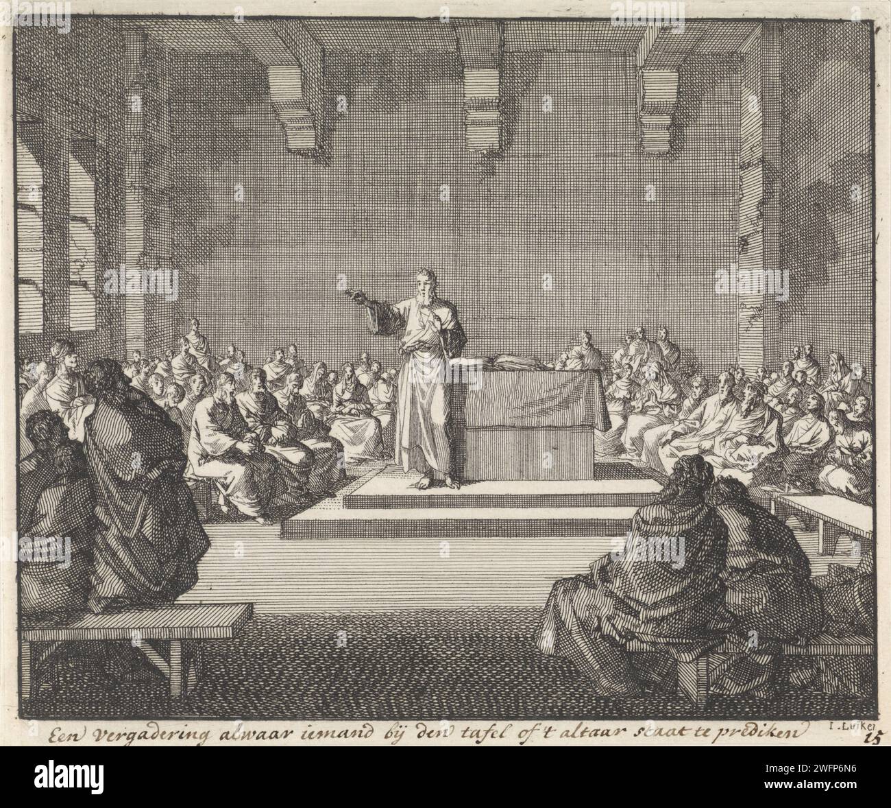 Sermon by a priest at an altar, Jan Luyken, 1700 print For an altar, a ...