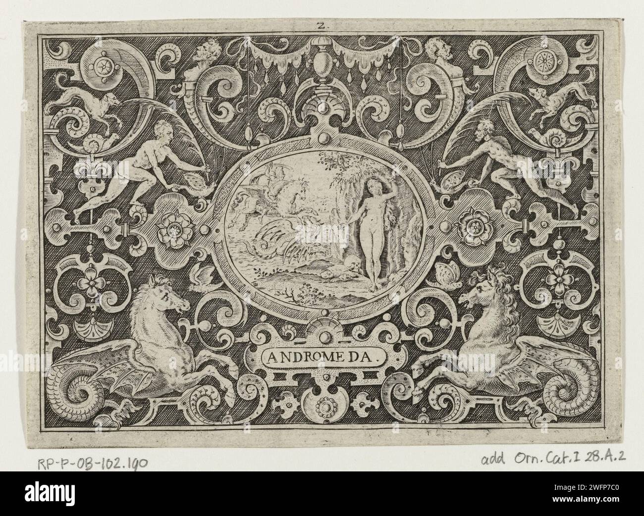 Perseus frees Andromeda, 1584 print Cartouche with Perseus who, seated ...