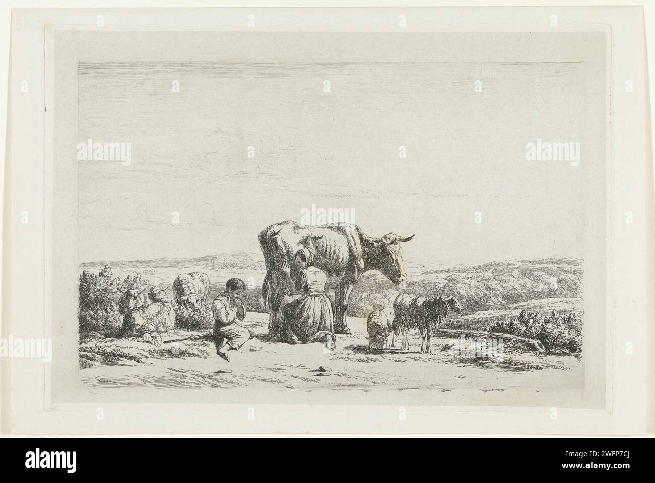 Landscape with wife who milks cow and boy with sheep, Simon van den ...