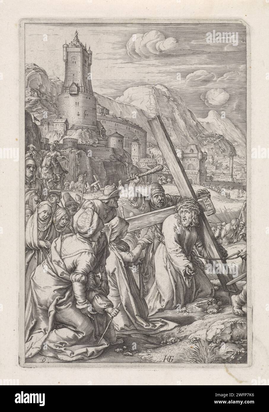 Kruisdraging, anonymous, after Hendrick Goltzius, 1596 - 1667 print Christ carries the cross to ...