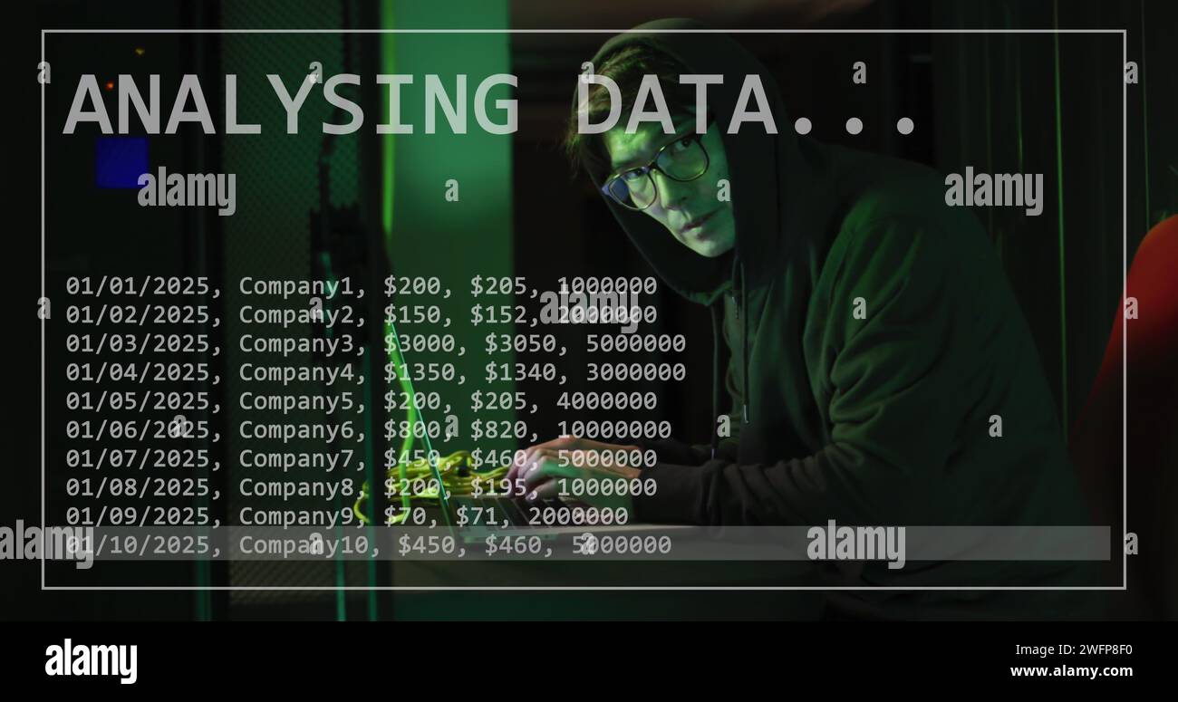 Image of connections and data processing over male asian hacker using computer Stock Photo - Alamy