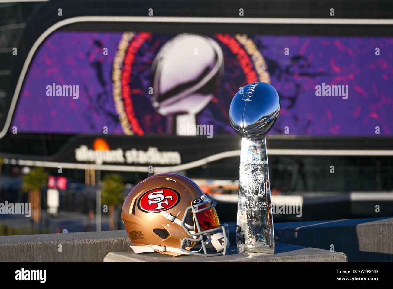 San Francisco 49ers helmet and the Vince Lombardi trophy outside of ...