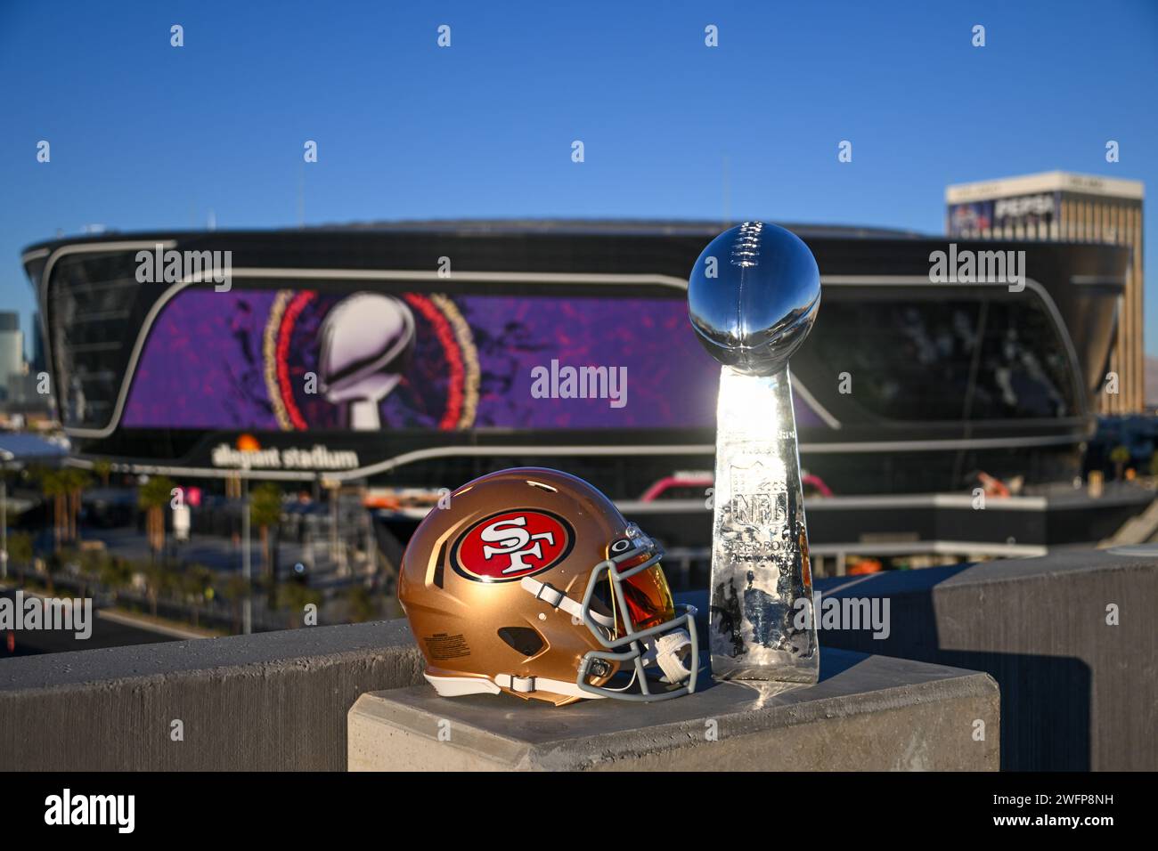 San Francisco 49ers helmet and the Vince Lombardi trophy outside of ...