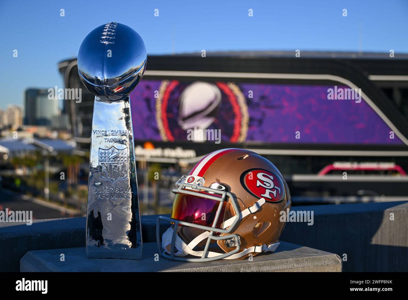 San Francisco 49ers helmet and the Vince Lombardi trophy outside of ...
