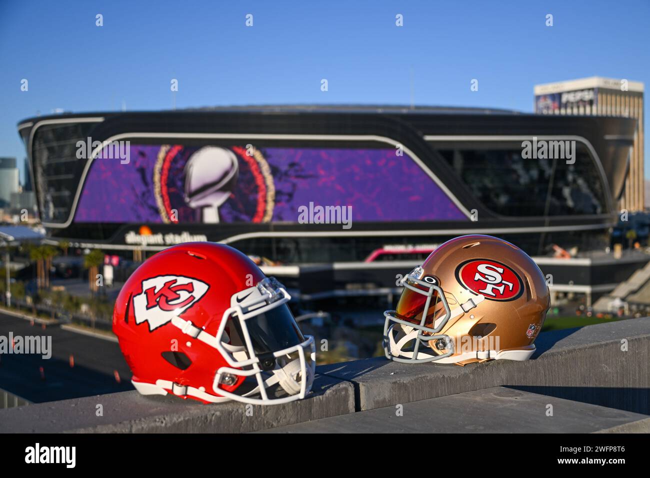 San Francisco 49ers and Kansas Chiefs helmets outside of Allegiant ...