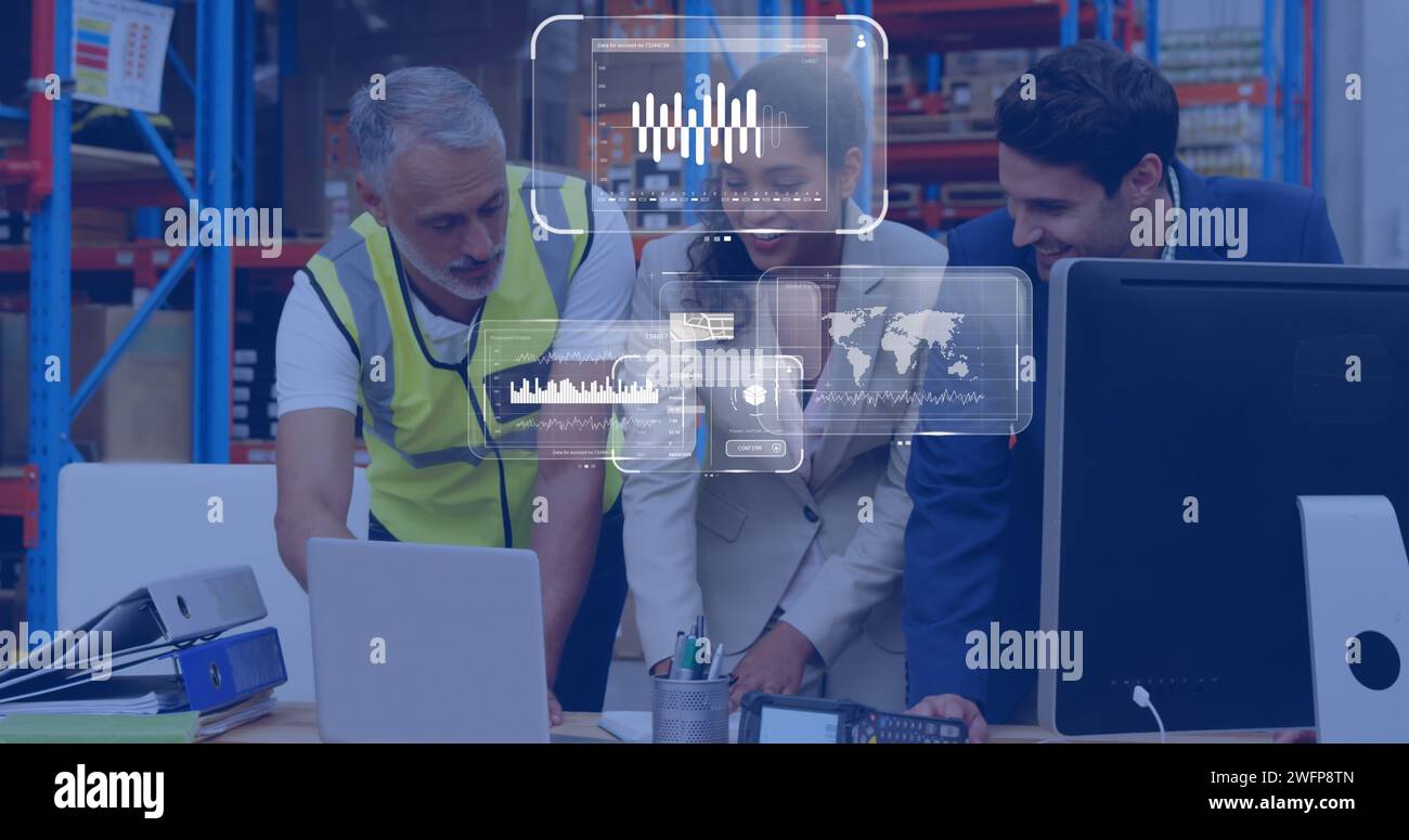 Image of data processing on screens over diverse people working in ...