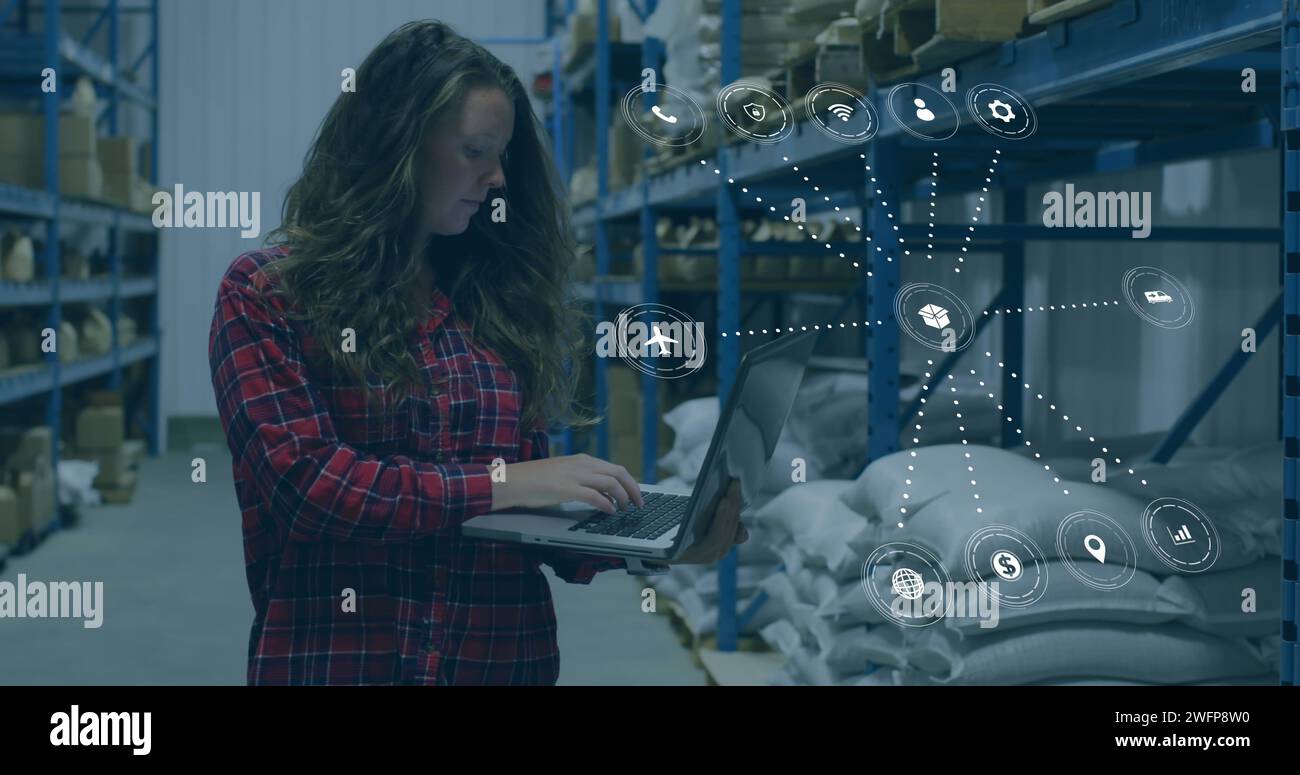 Image of data processing with icons over caucasian woman working in ...