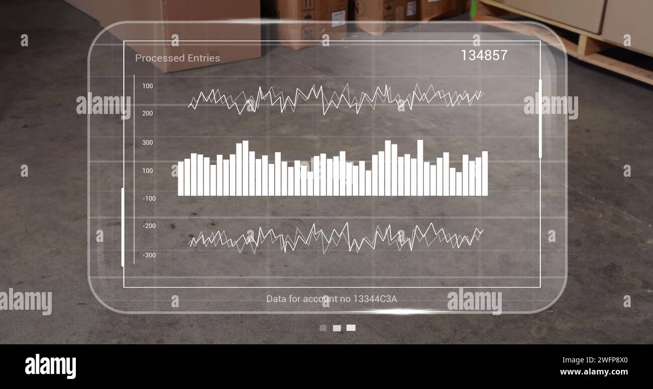Image of data processing on screens over cardboard boxes Stock Photo ...