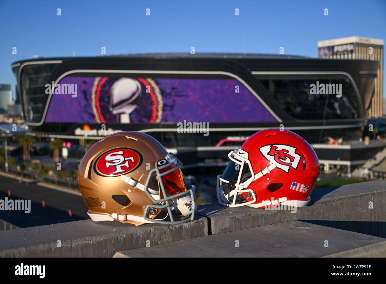 San Francisco 49ers and Kansas Chiefs helmets outside of Allegiant ...