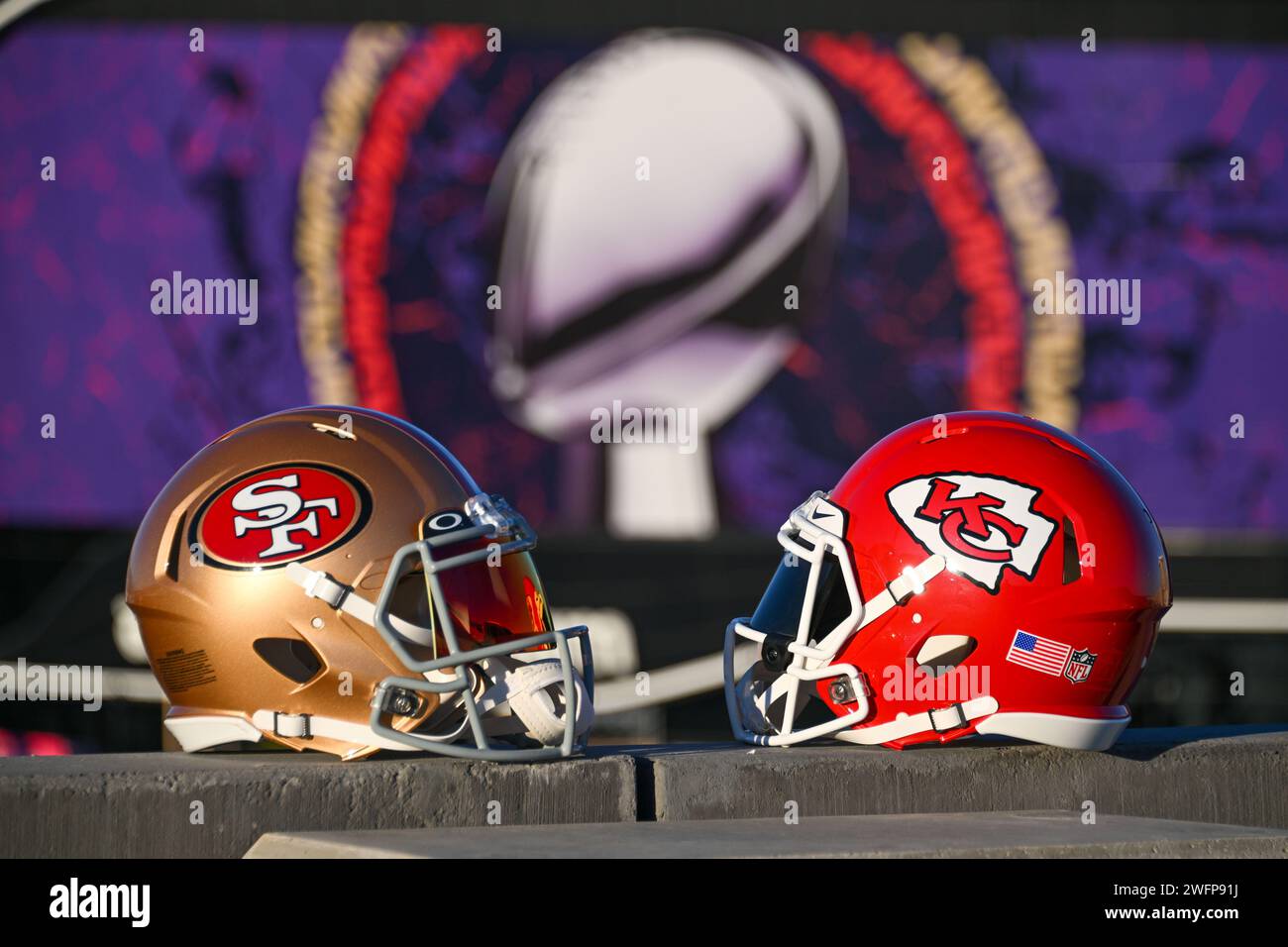 San Francisco 49ers and Kansas Chiefs helmets outside of Allegiant ...