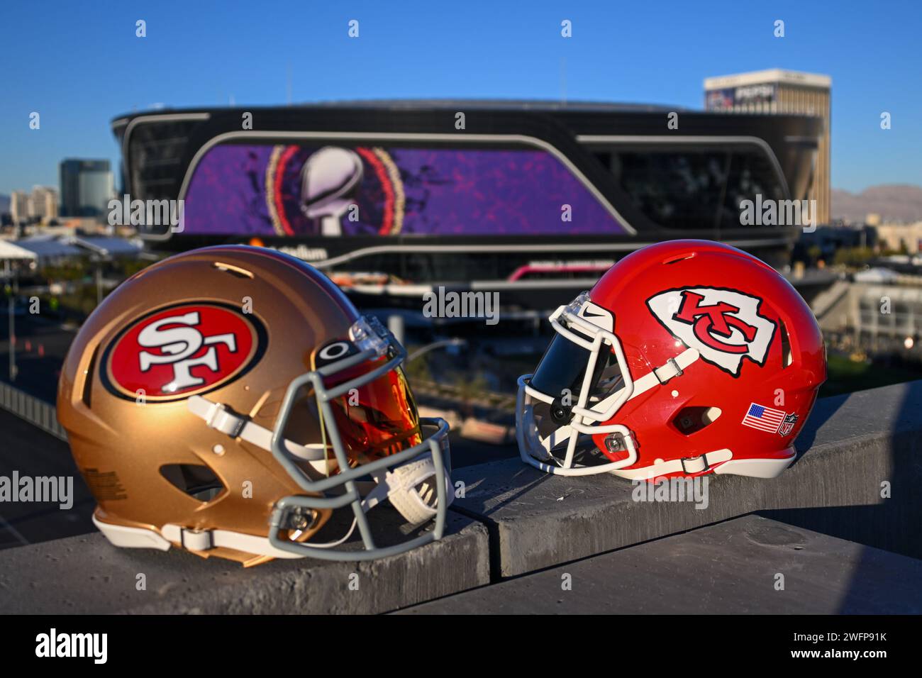 San Francisco 49ers and Kansas Chiefs helmets outside of Allegiant ...