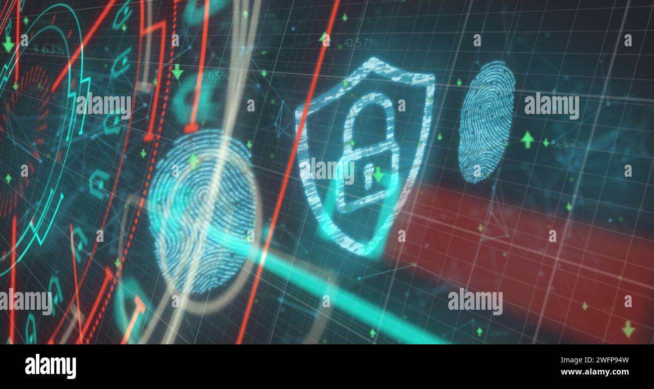Image of scope scanning with online security padlock and biometric fingerprints over grid Stock ...