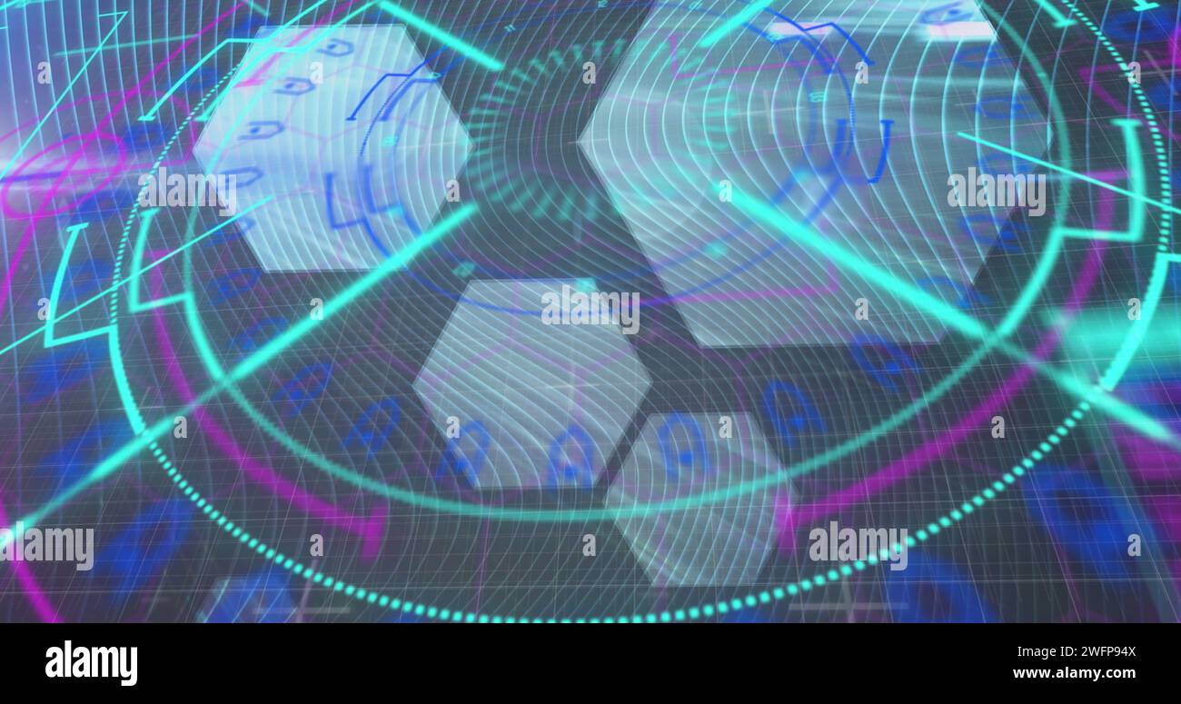 Image of scope scanning and hexagons over grid in background Stock Photo - Alamy