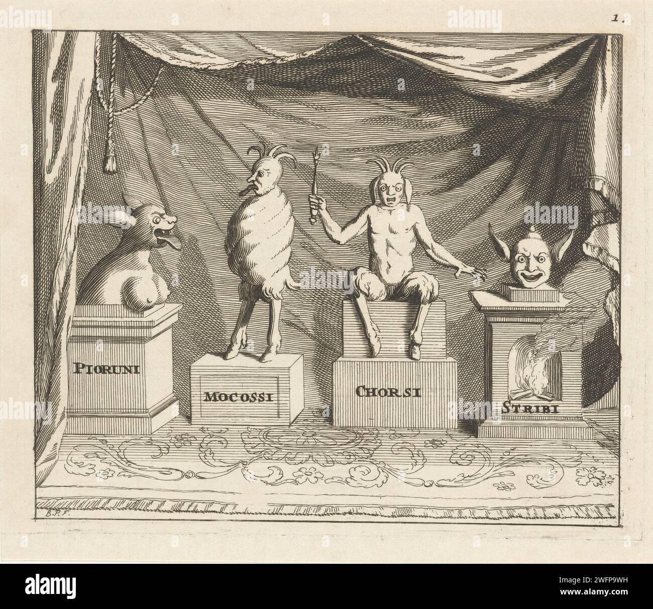 Images of idols in a temple, Bernard Picart, 1695 - 1699 print In a ...