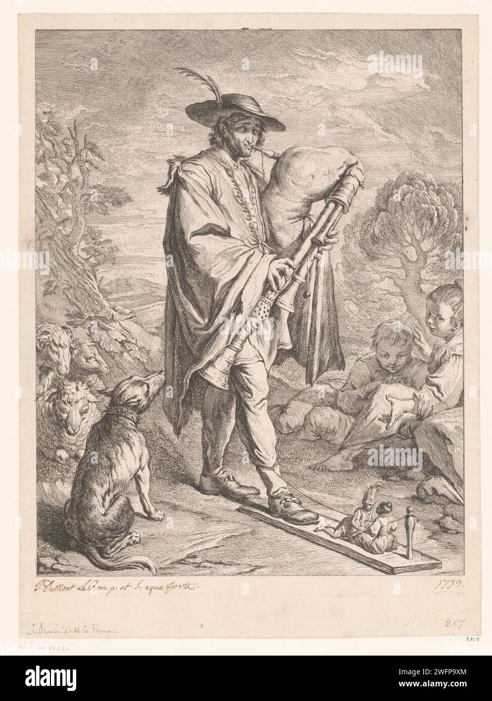 Musette player with puppetry, Jacques Dumont, 1739 print France paper ...