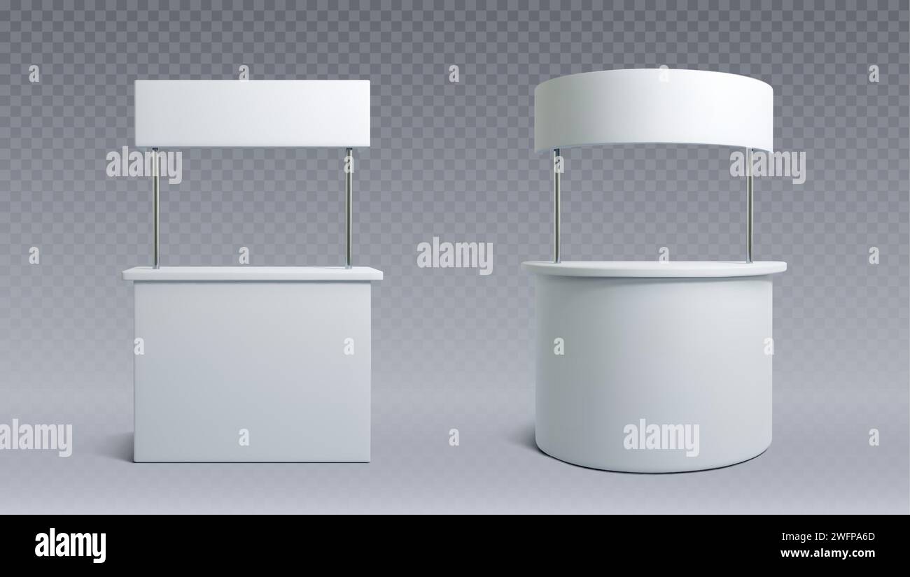 Advertising and promo white booth stand mockup with signboard. Realistic vector illustration set ...
