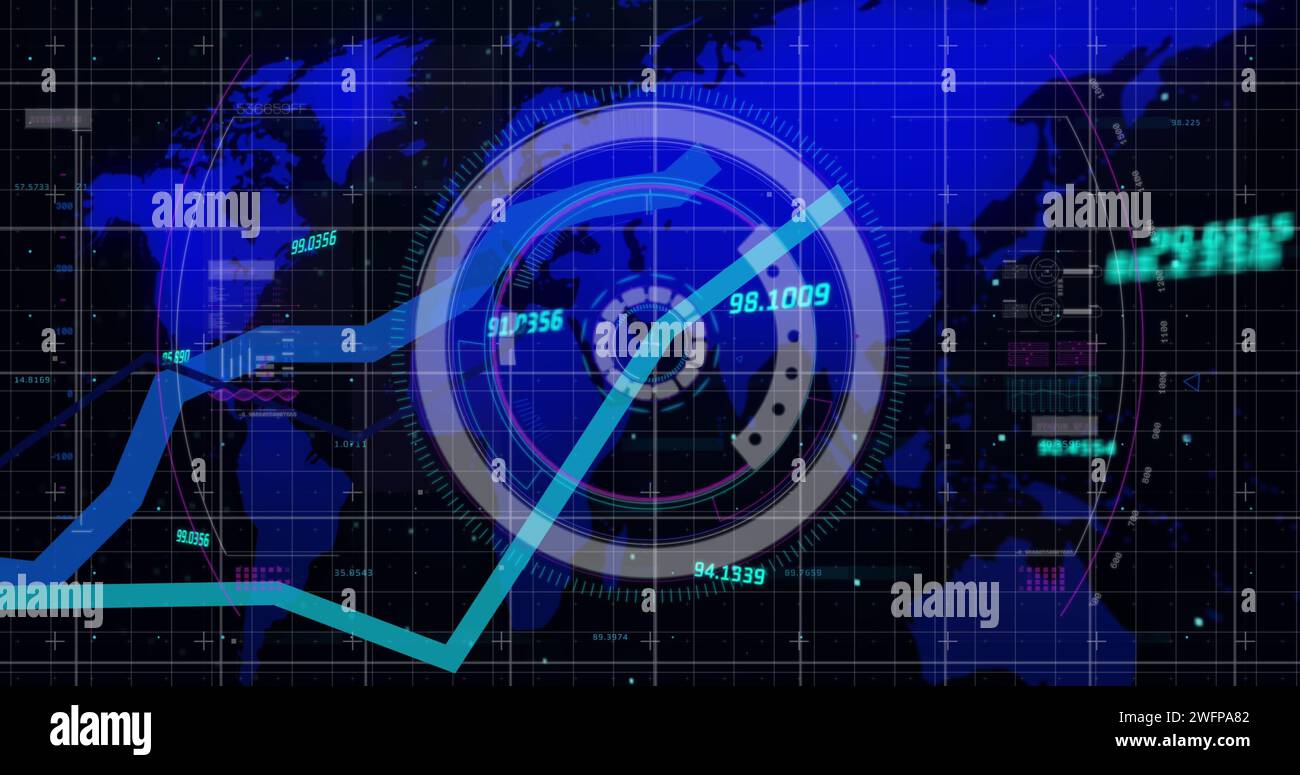 Image of scope scanning and data processing over world map in ...