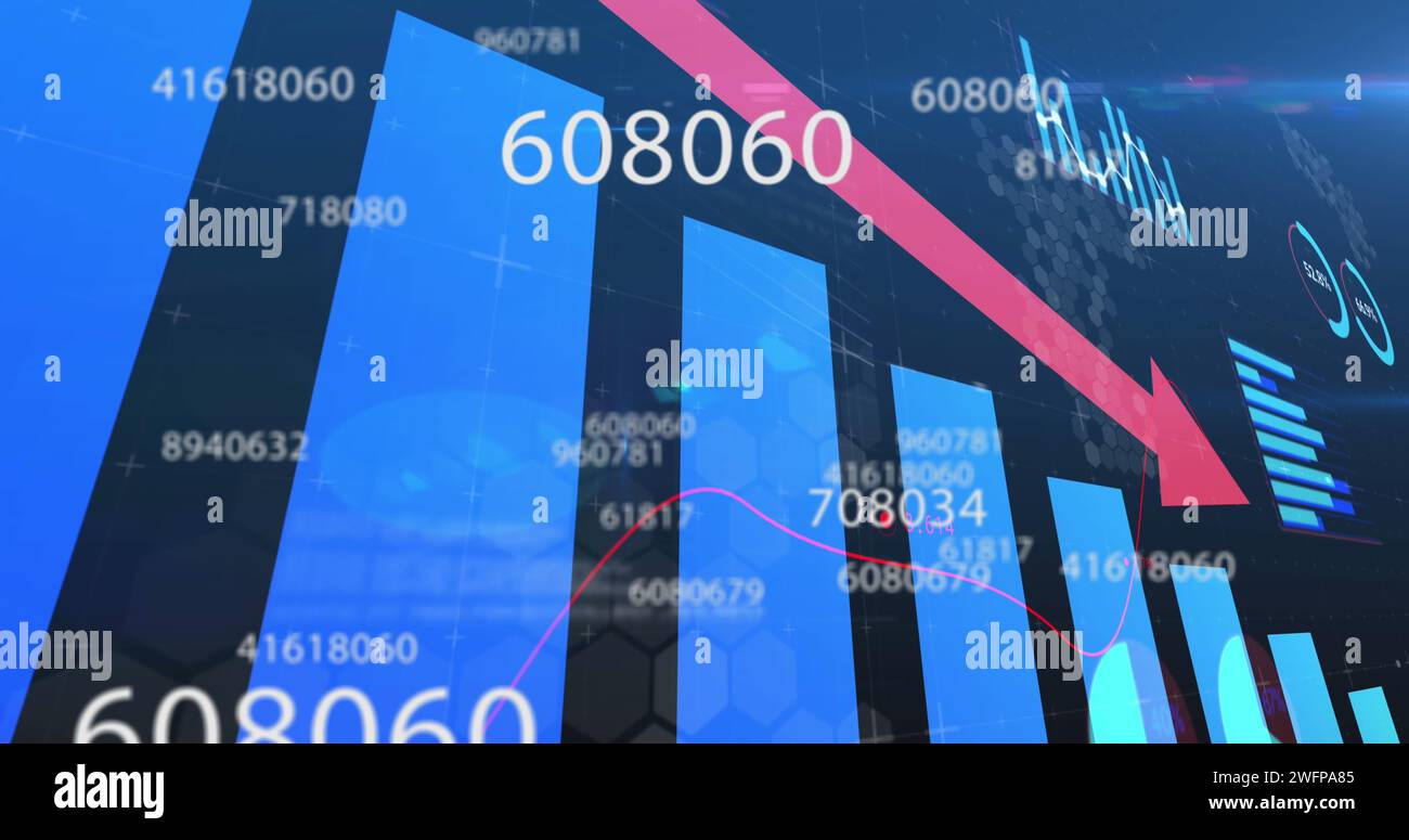 Image of numbers changing, statistics recording with red arrow in background Stock Photo - Alamy