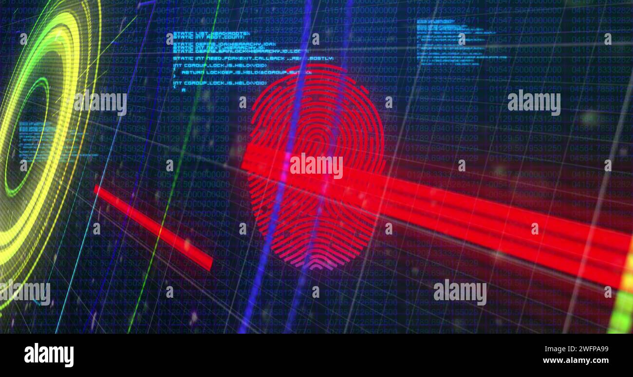 Image of red biometric fingerprint over scope scanning and data processing Stock Photo - Alamy
