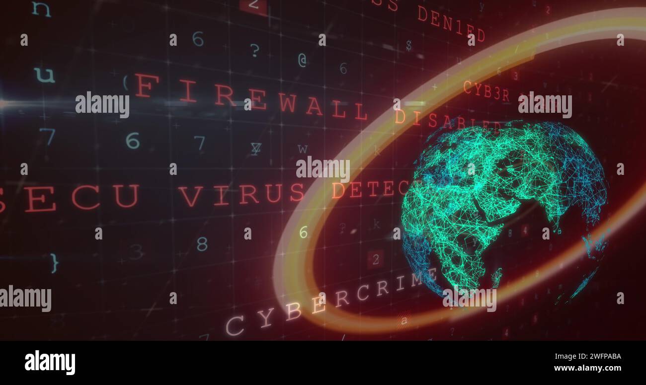 Image of scope scanning, globe spinning and cyber attack warning text over grid in background ...