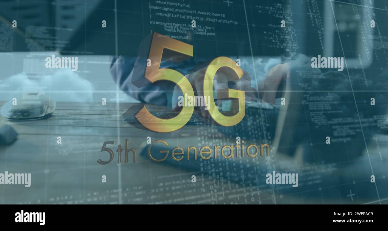 Image of 5g 5th generation text over data processing and person using computer in background ...