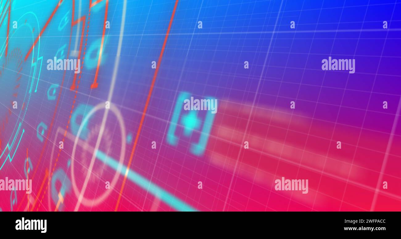 Image of scope scanning over grid on blue to pink background Stock ...
