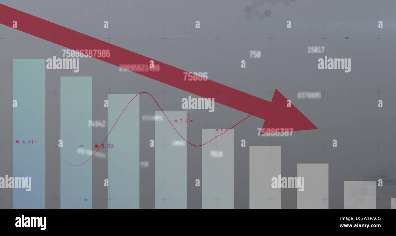 Image of numbers processing over red arrow pointing down and statistics in background Stock ...