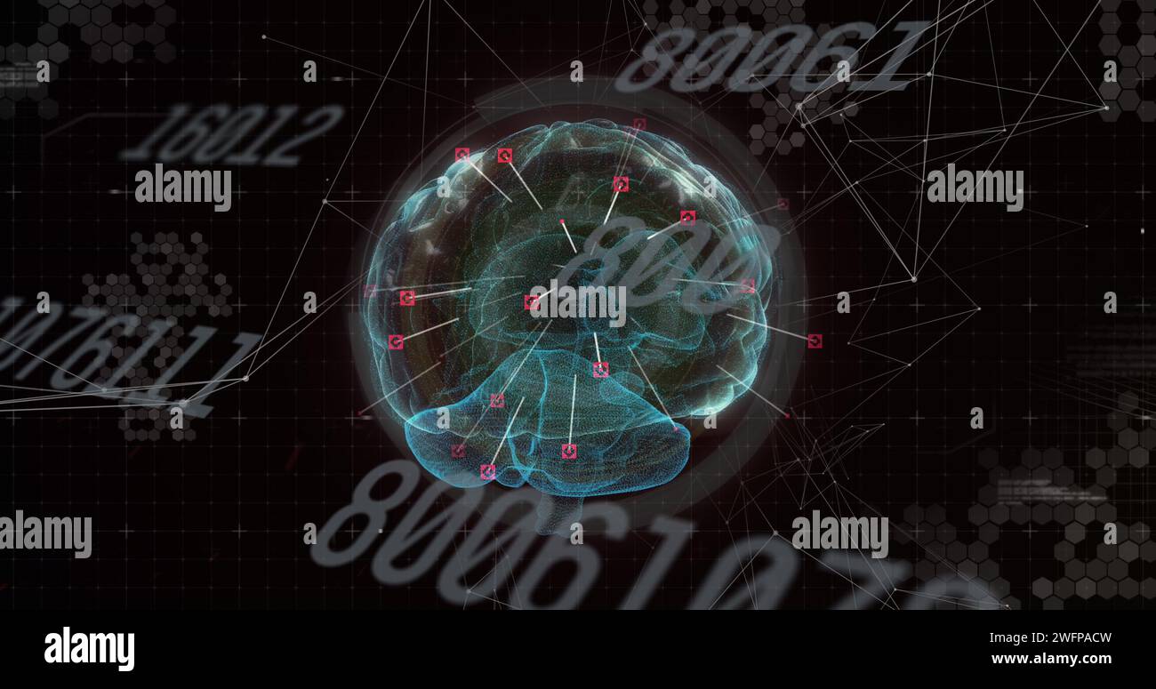 Image of numbers changing over glowing human brain with darts in and ...