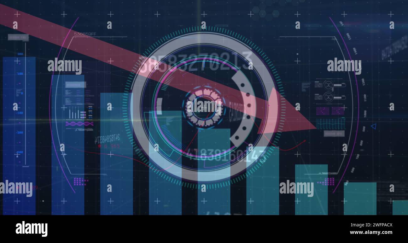 Image of arrow pointing down with statistics, numbers changing and scope scanning in background ...