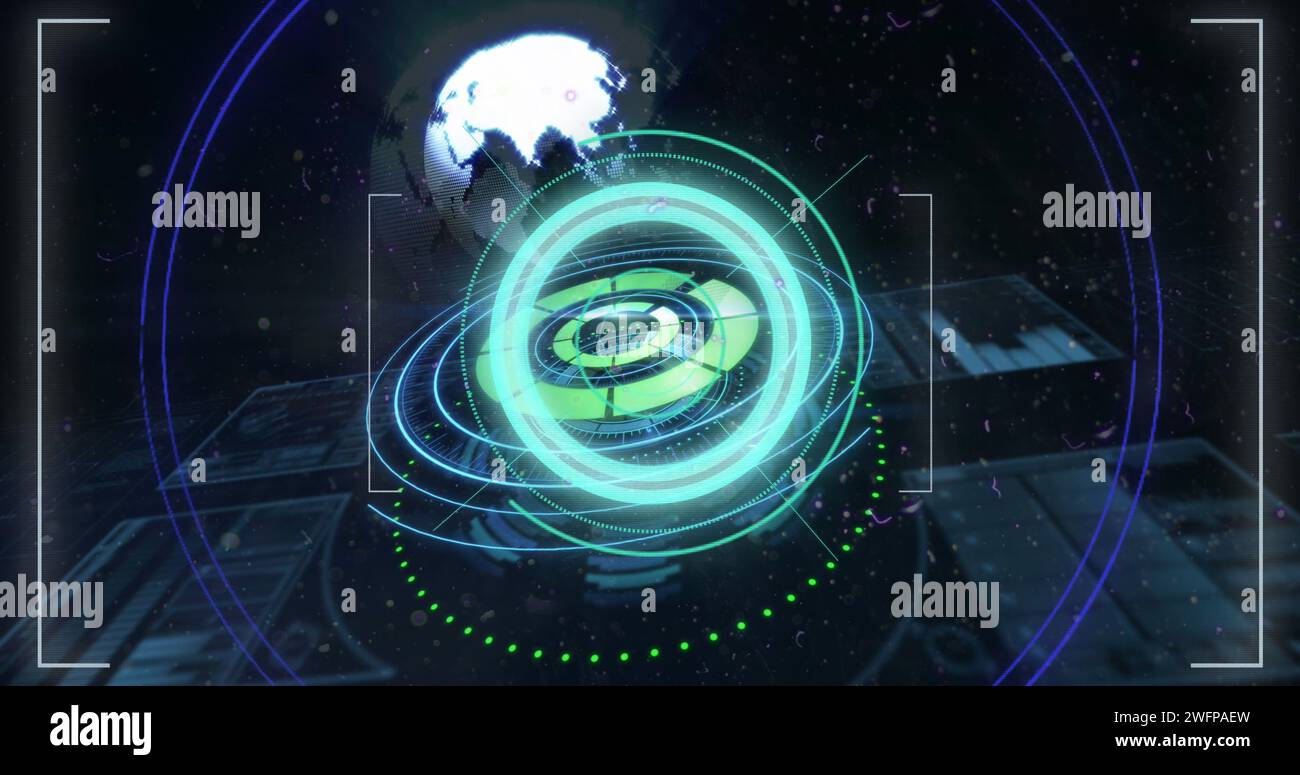 Image of scope scanning and data processing over spinning globe in background Stock Photo - Alamy