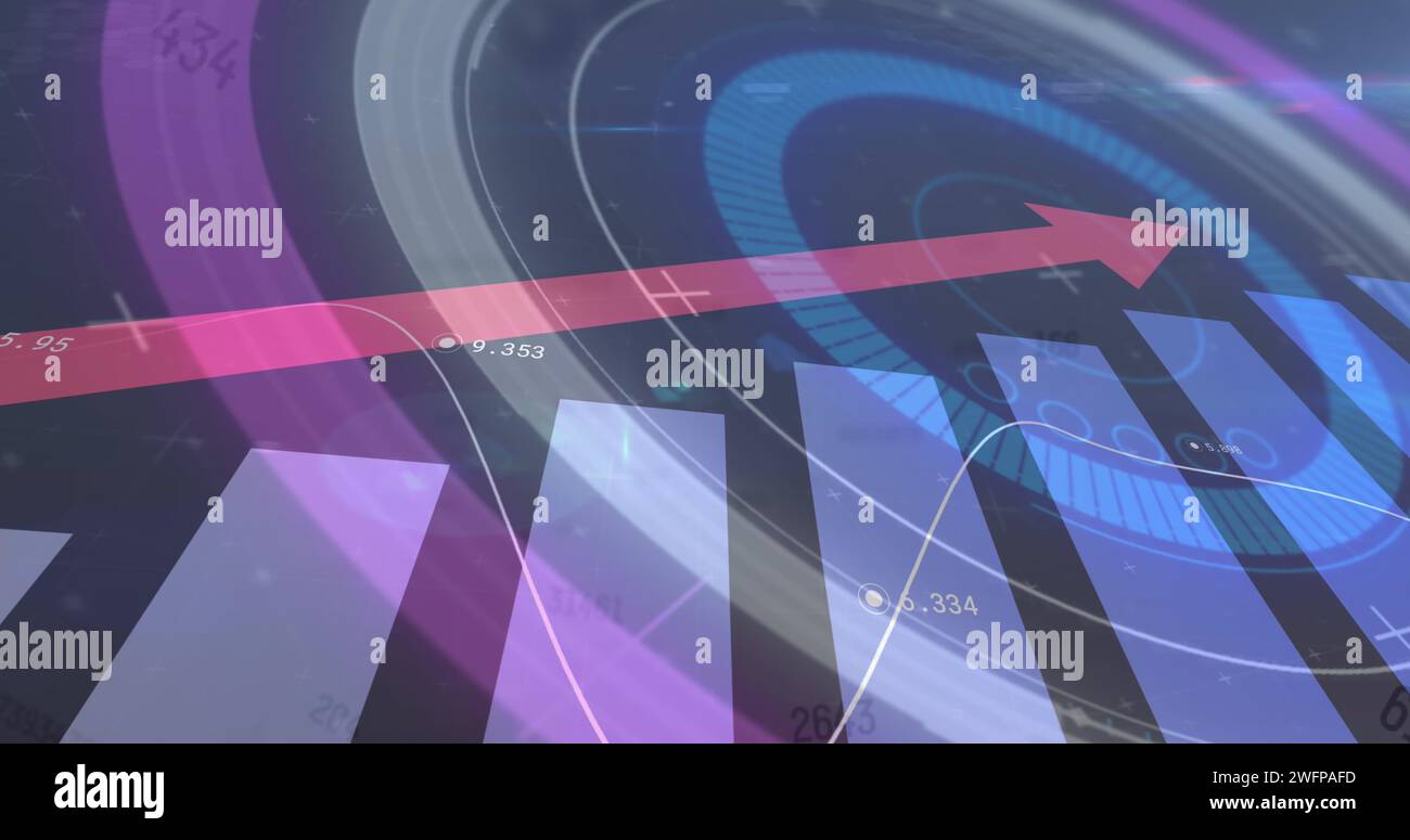 Image of arrow pointing up with statistics, numbers changing and scope scanning in background ...