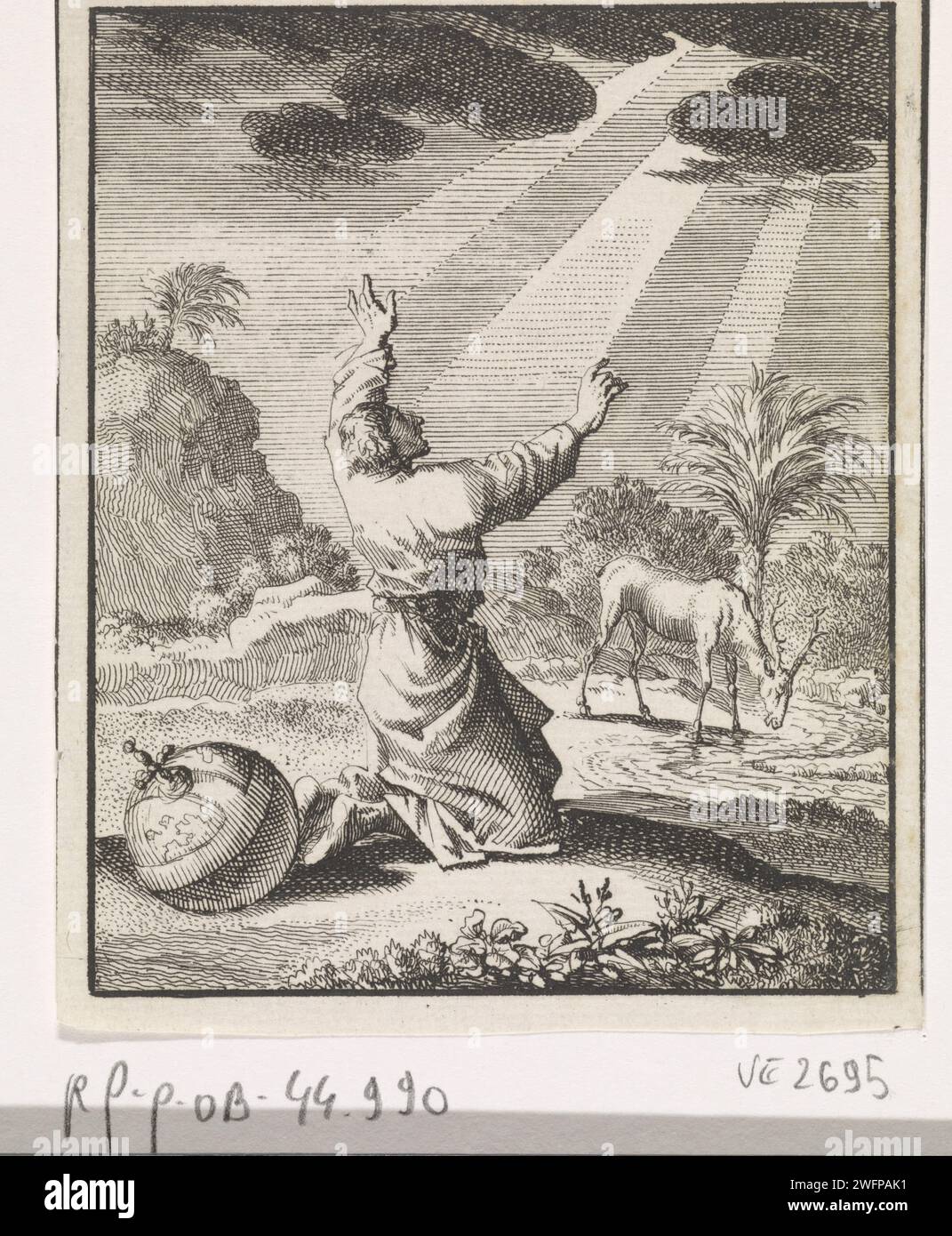 Kneeld man sees a heavenly vision, Jan Luyken, 1700 print A man is ...