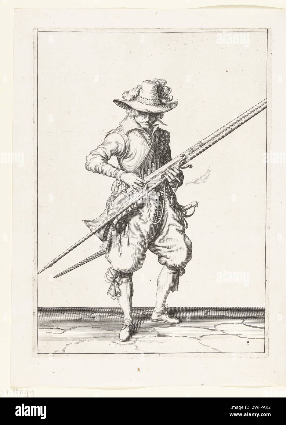Soldier who presses his wick on the rooster of his musket, Jacques de ...