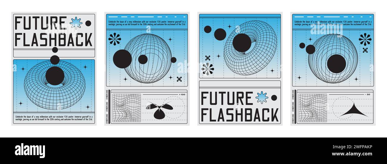 Y2k techno vibe banners set. Vector realistic illustration of retrowave ...