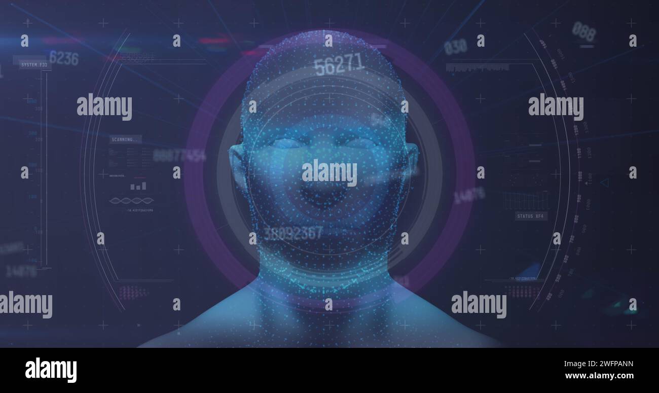 Image of scope scanning and numbers processing with human head glowing ...